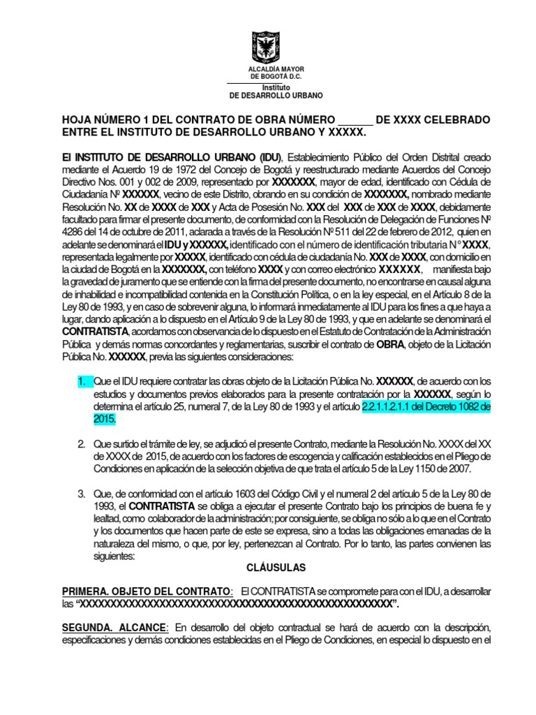 Modelo de Minuta para Procesos de Contratacion IDU Bogota | PDF | Planificación urbana | Derecho ...