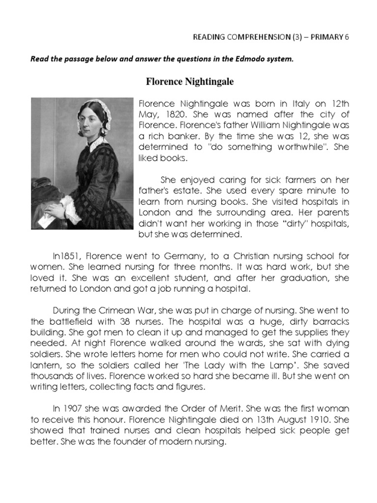 P6 Reading Comprehension (FLORENCE NIGHTINGALE) | PDF