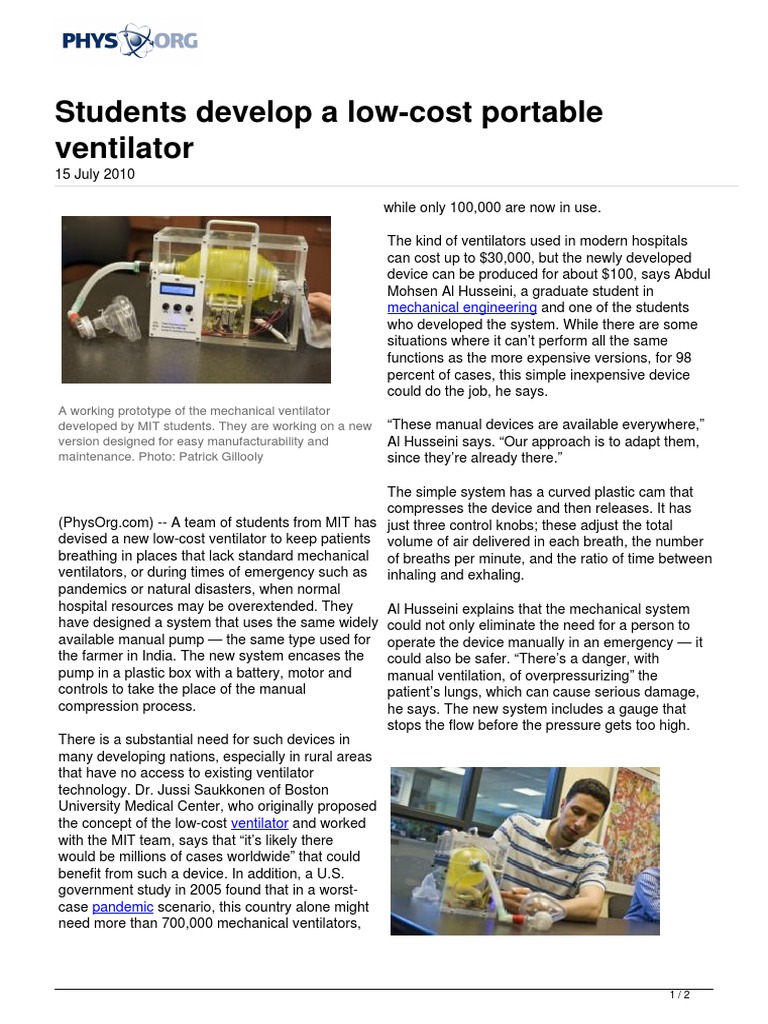 Students Develop A Low-Cost Portable Ventilator: Mechanical Engineering ...