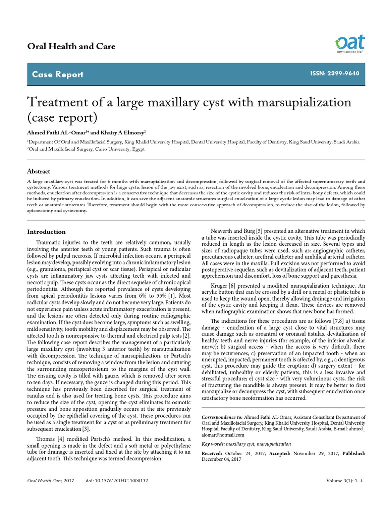 Treatment of A Large Maxillary Cyst With Marsupial PDF | PDF | Surgery ...