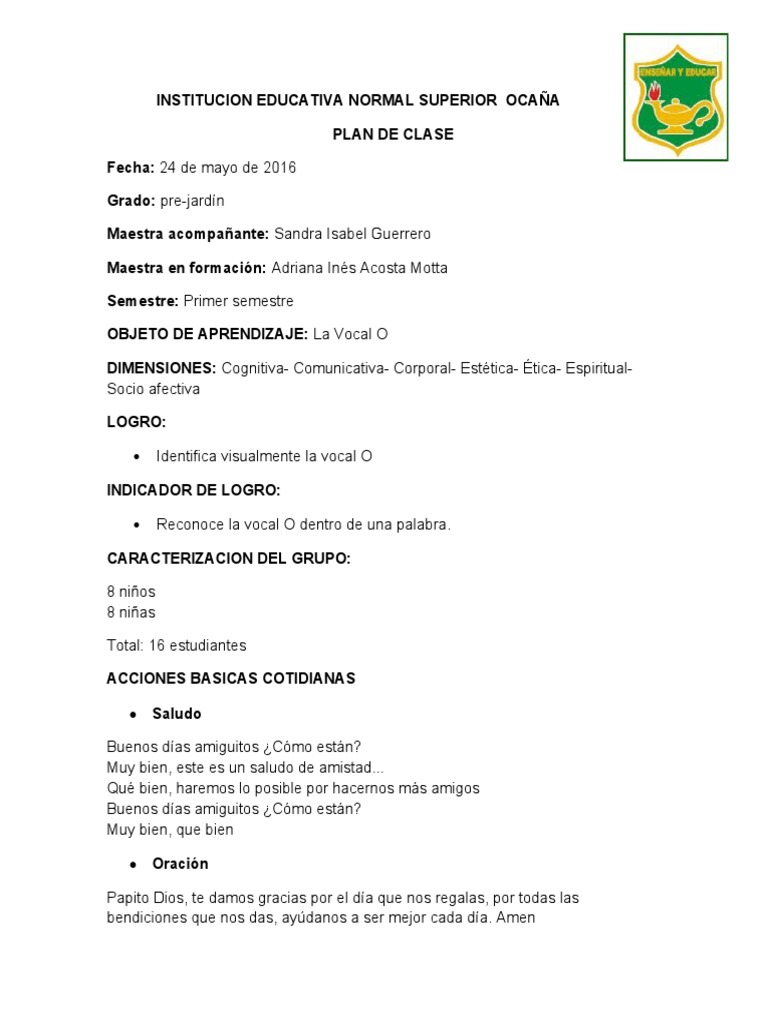 Plan de Clase: La Vocal O en Preescolar | PDF | Modificación de ...