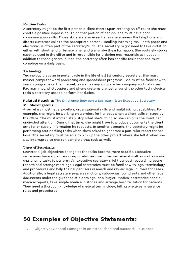 Secretary Career Objectives Explained | PDF | Goal | Secretary