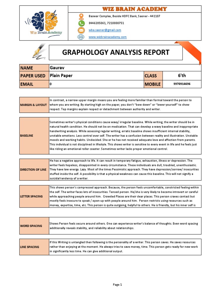 Graphology Handwriting Analysis Report | PDF | Graphology ...