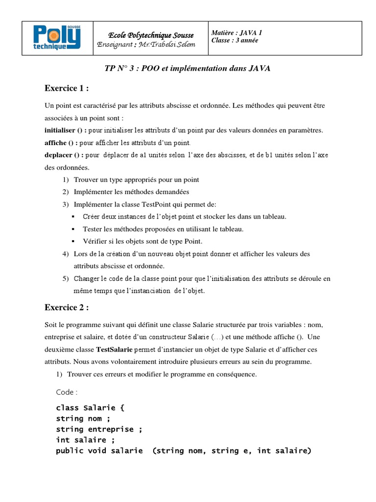 POO en JAVA : Exercices et Implémentations | PDF | Classe (informatique ...