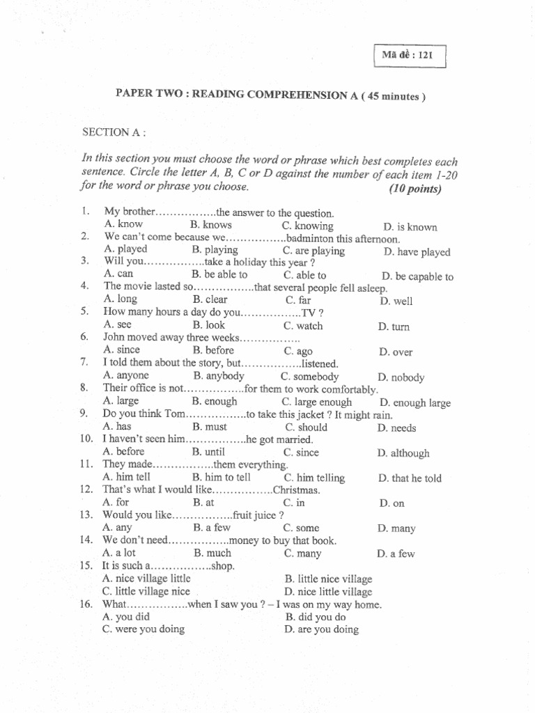 Reading Comprehension Practice Test | PDF