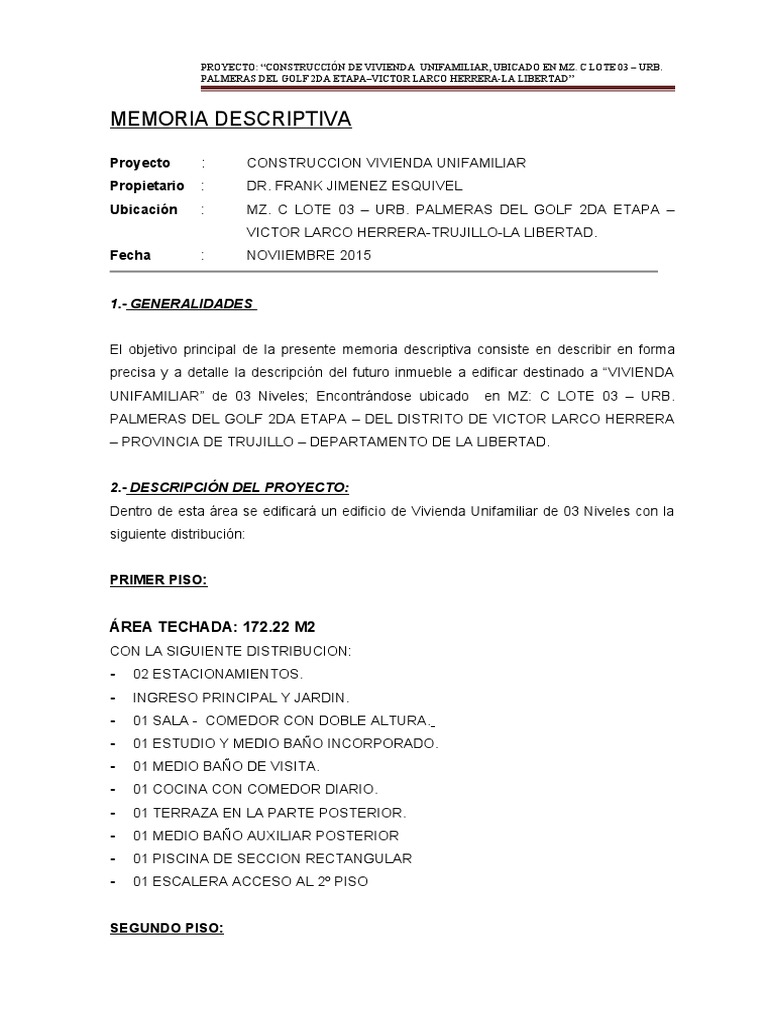 Memoria Descriptiva - Ok | PDF | Hormigón | edificio