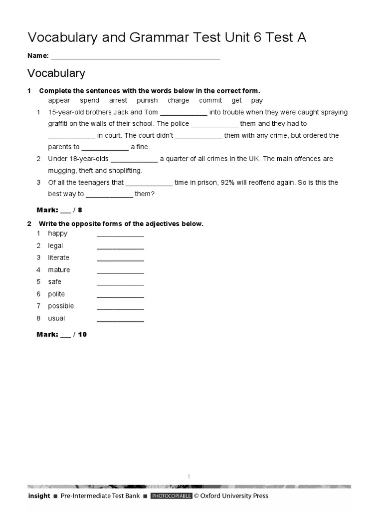 Vocabulary and Grammar Test Unit 6 Test A | Download Free PDF ...