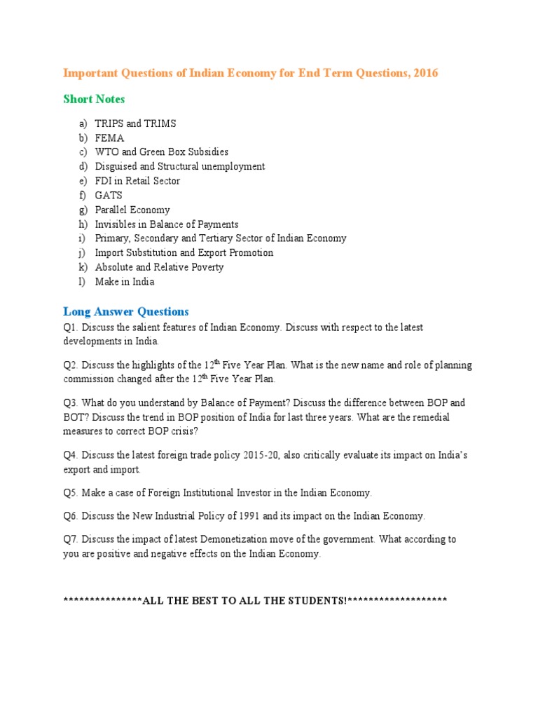 Important Questions of Indian Economy | PDF | Finance & Money Management