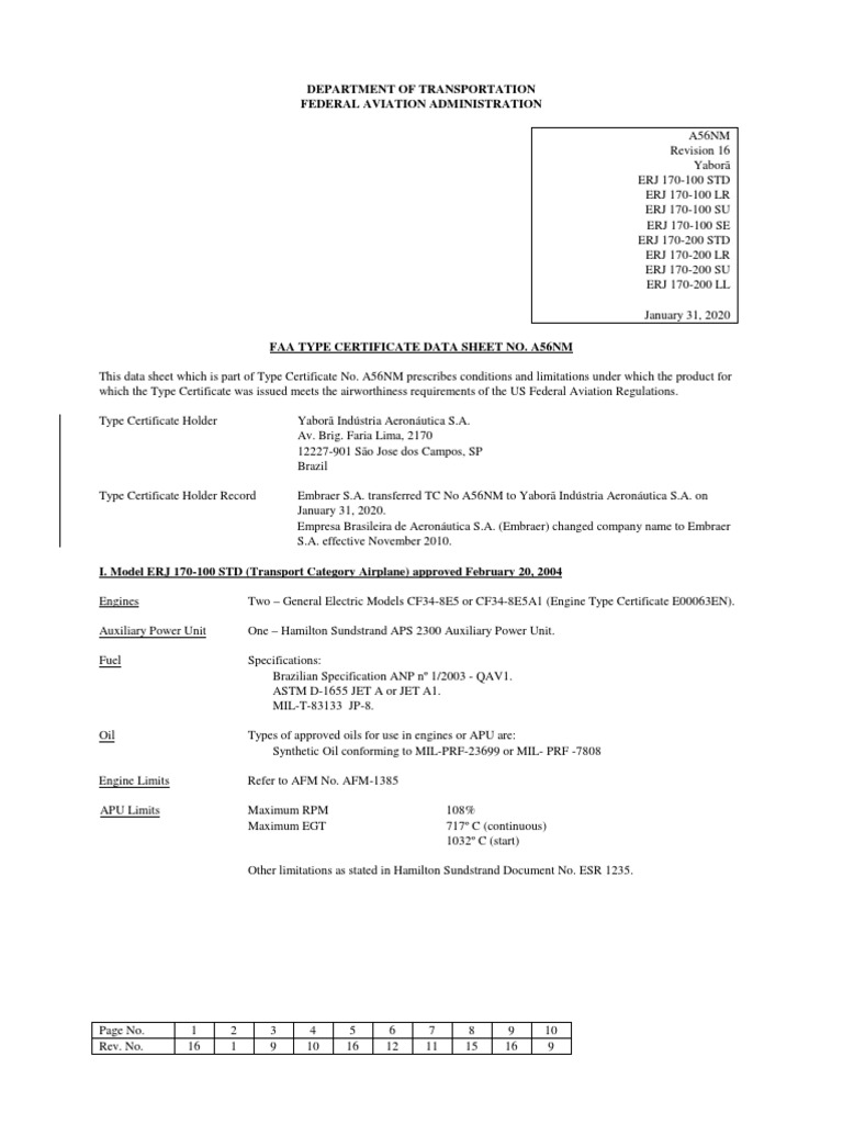 FAA Type Certificate A56NM for ERJ 170 Models | PDF | Federal Aviation ...