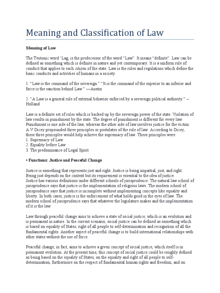 Meaning and Classification of Law | PDF | International Law | Rule Of Law