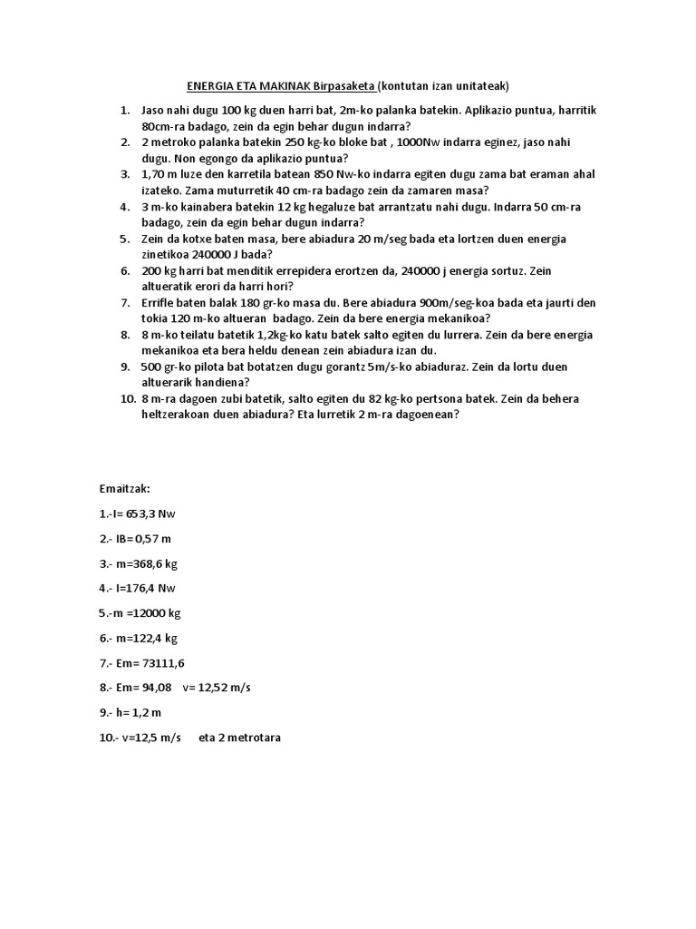 Problemas Enunciados - ENERGIA ETA MAKINAK | PDF