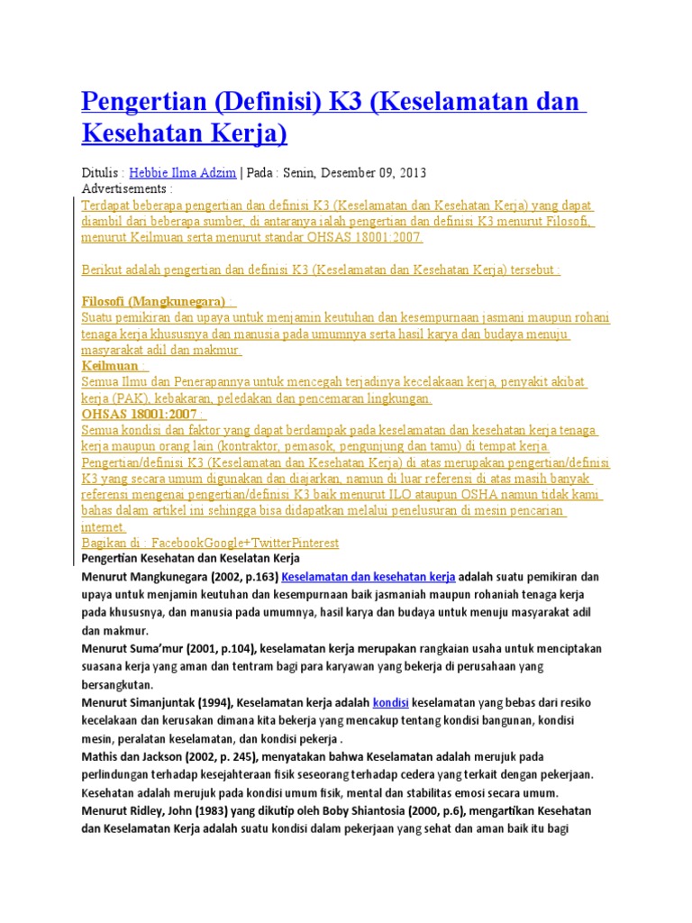 Pengertian (Definisi) K3 (Keselamatan Dan Kesehatan Kerja) : Hebbie ...