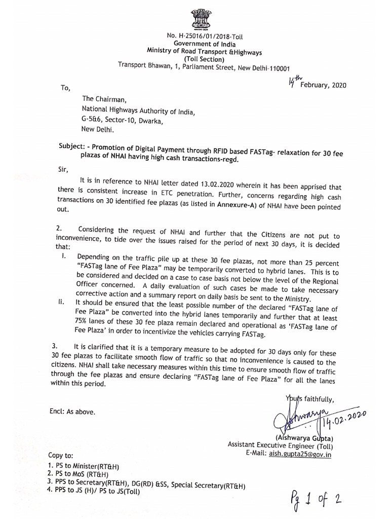 Letter To NHAI Regarding Relaxation at 30 Fee Plazas | PDF
