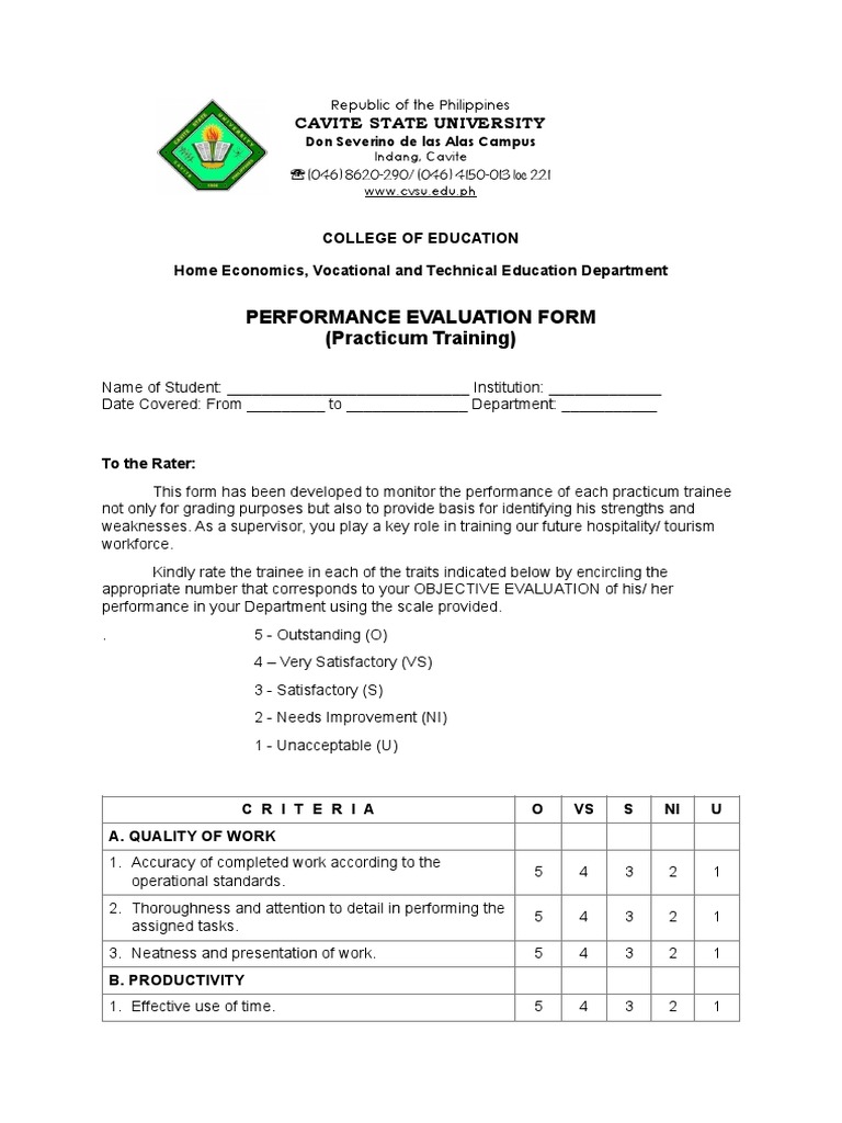 Performance Evaluation Form (Practicum Training) : Cavite State ...