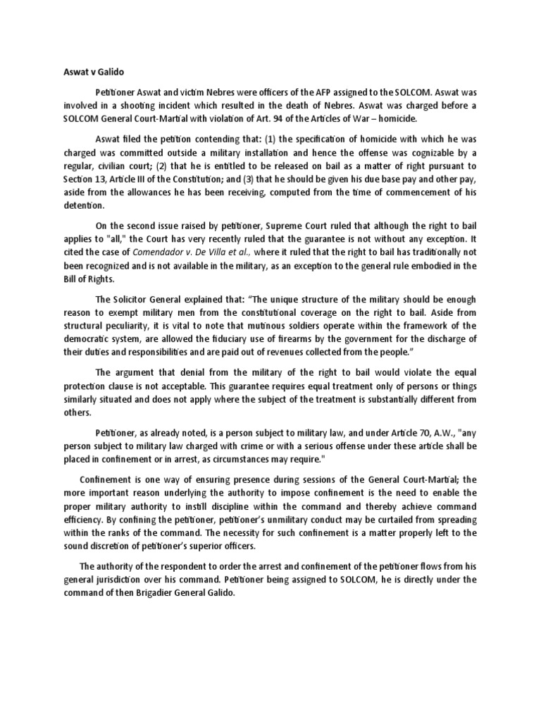 Aswat V Galido | PDF | Military Justice | Bail
