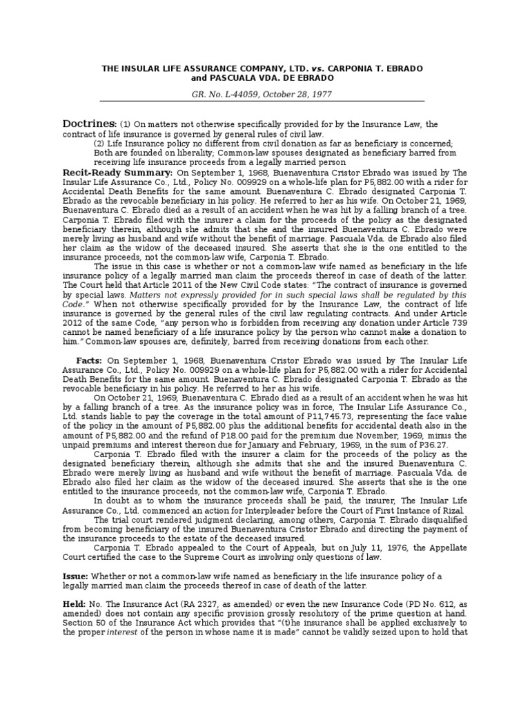 Insular Life Vs Ebrado | PDF | Life Insurance | Insurance