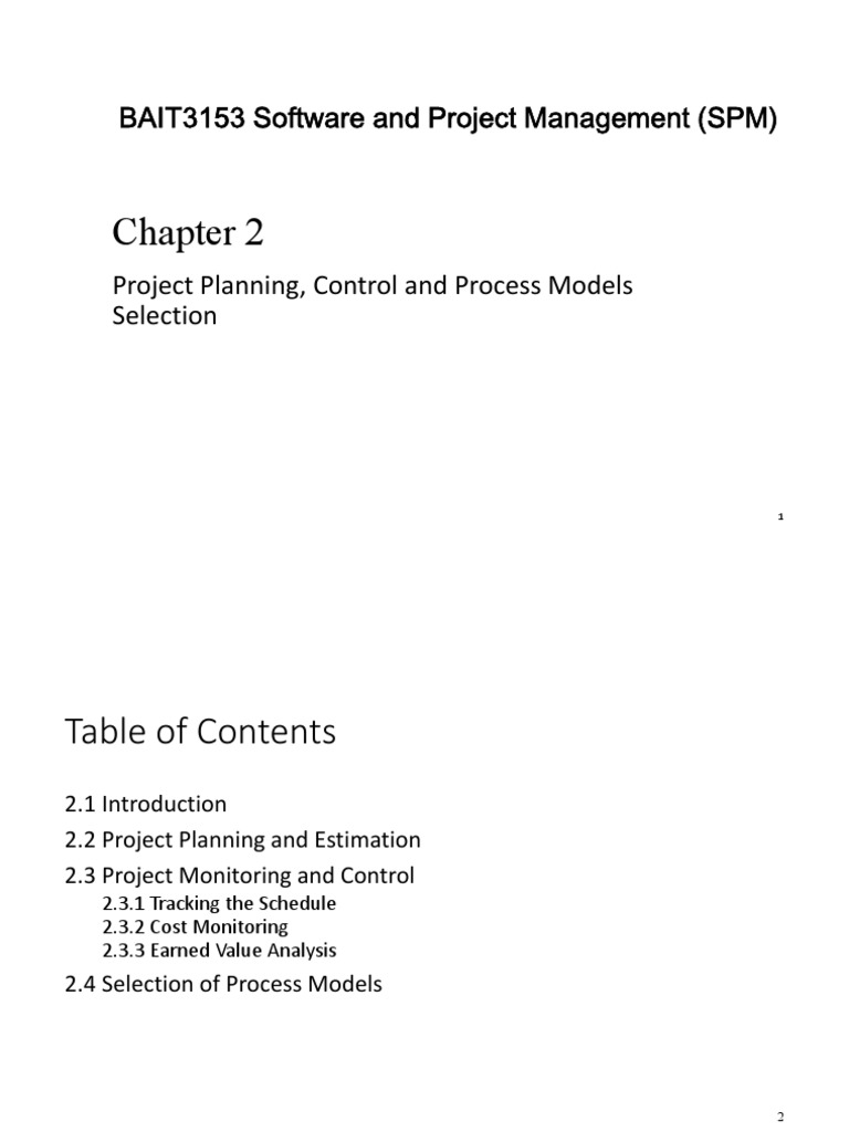 Software Project Management - Chapter 2 Project Planning, Control and Process Models Selection ...