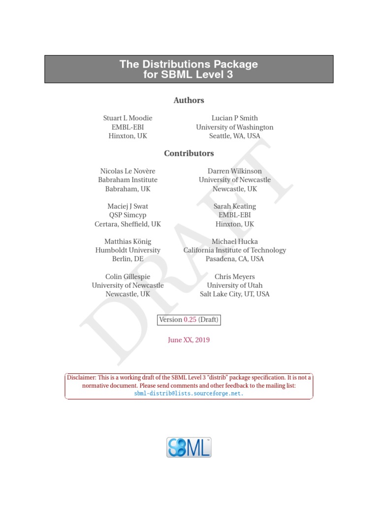 Draft: The Distributions Package For SBML Level 3 | PDF | Probability Distribution | Namespace