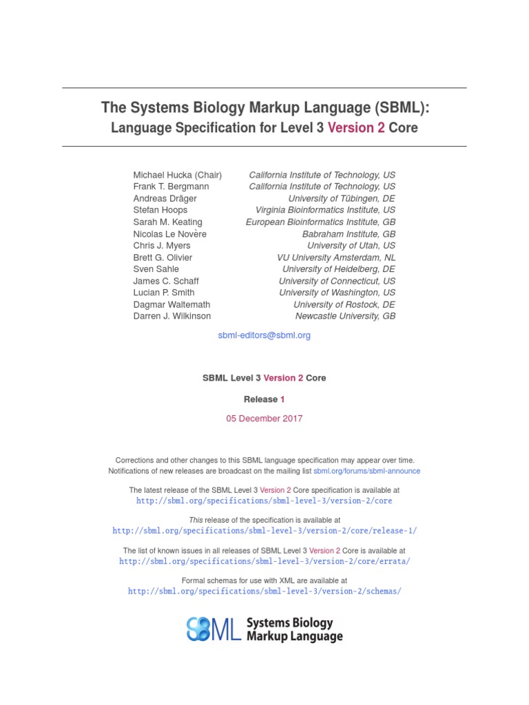 Sbml Level 3 Version 2 Core Pdf Xml Conceptual Model