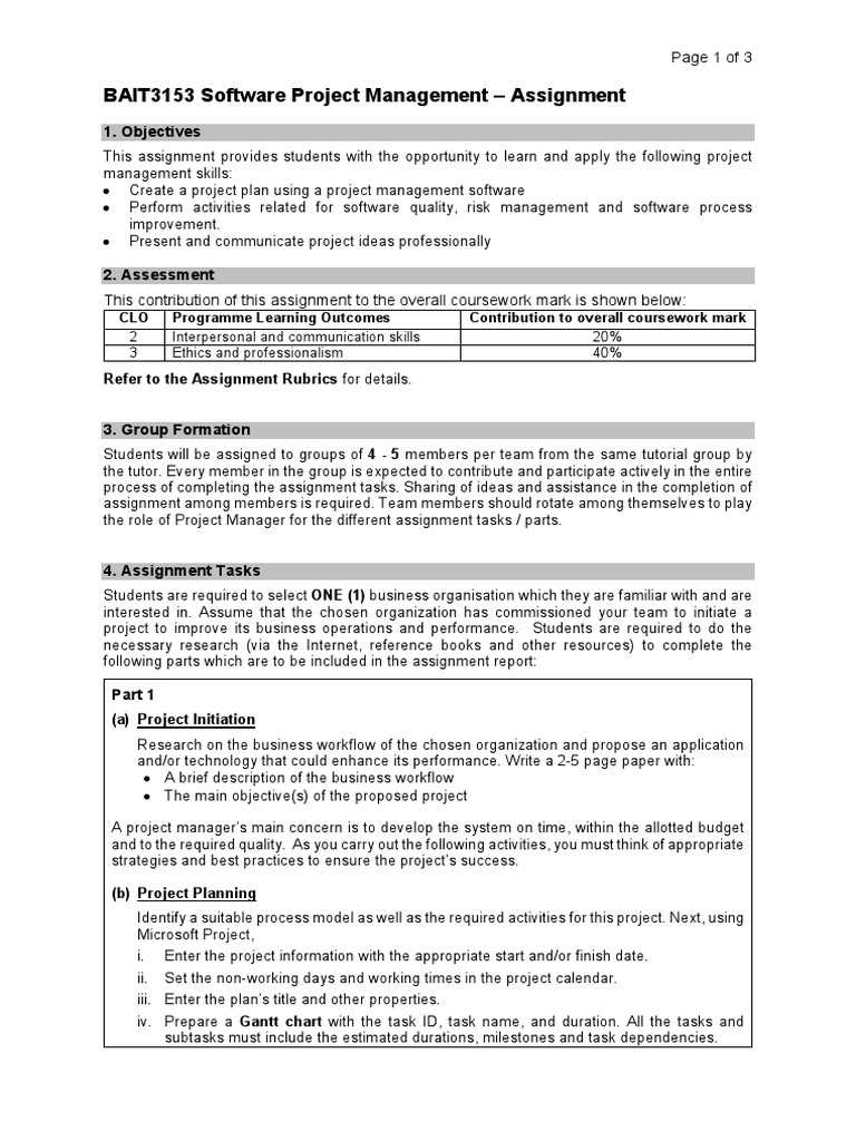 BAIT3153 Software Project Management - Assignment: 1. Objectives | PDF | Performance Indicator ...