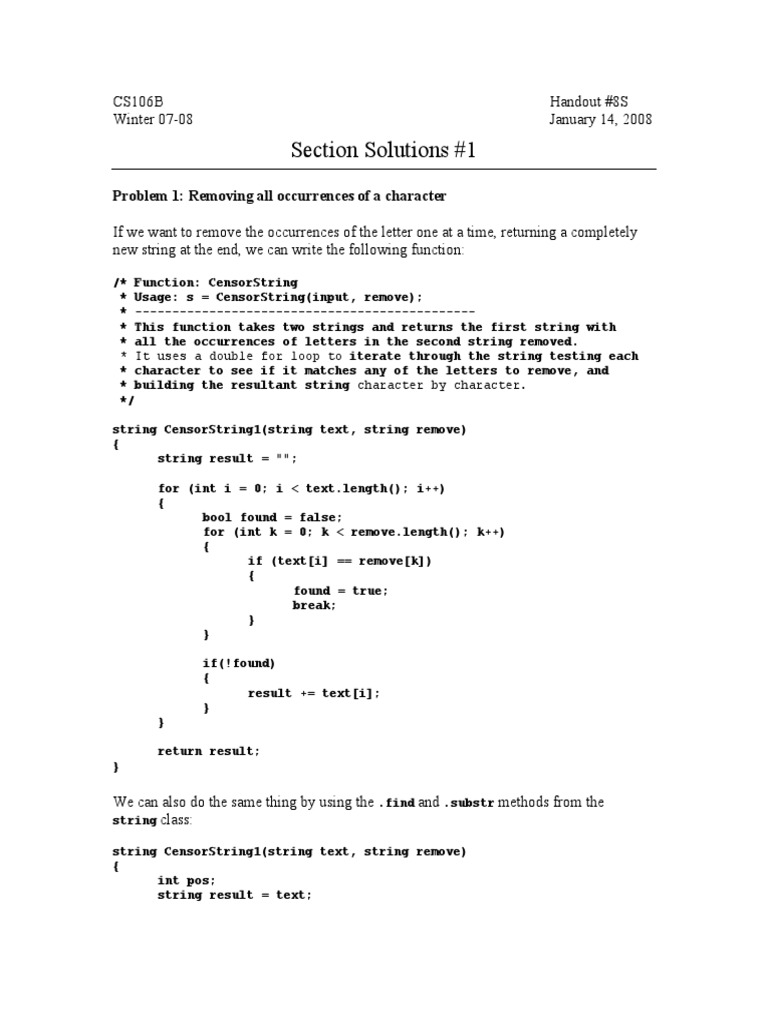 Section Solutions #1: Problem 1: Removing All Occurrences of A Character | PDF | String ...