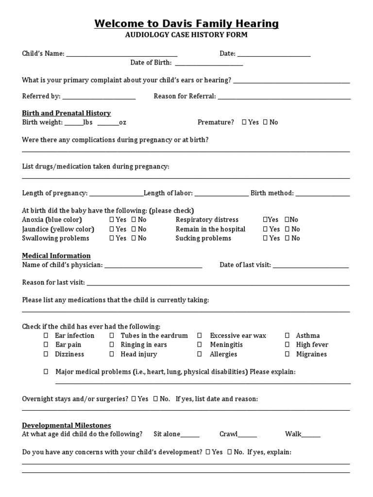 Welcome To Davis Family Hearing: Audiology Case History Form | PDF ...
