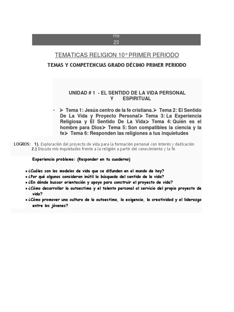 Taller de Religion Grado Decimo 1 PDF | PDF | Vida | Fe