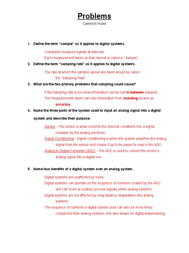 Problems: Cameron Hulse | PDF | Analog To Digital Converter | Sampling ...