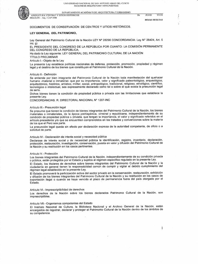 Ley 28296 | PDF | Patrimonio cultural | Propiedad