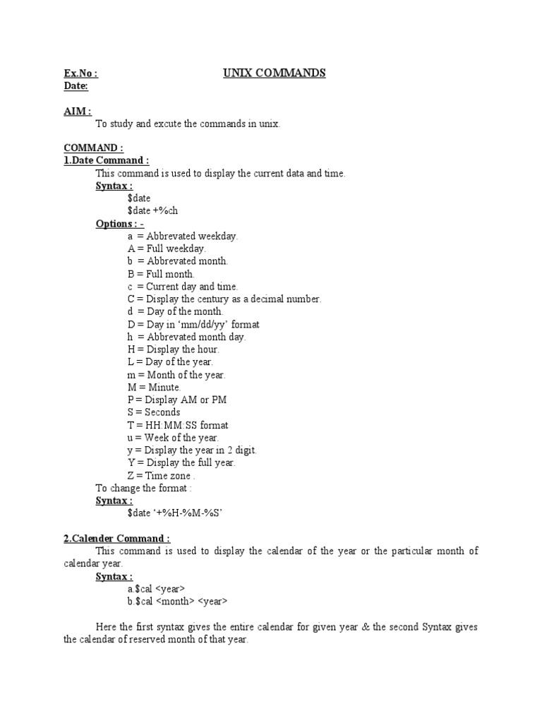 Ex No Date Aim Unix Commands Pdf Computer File Computer