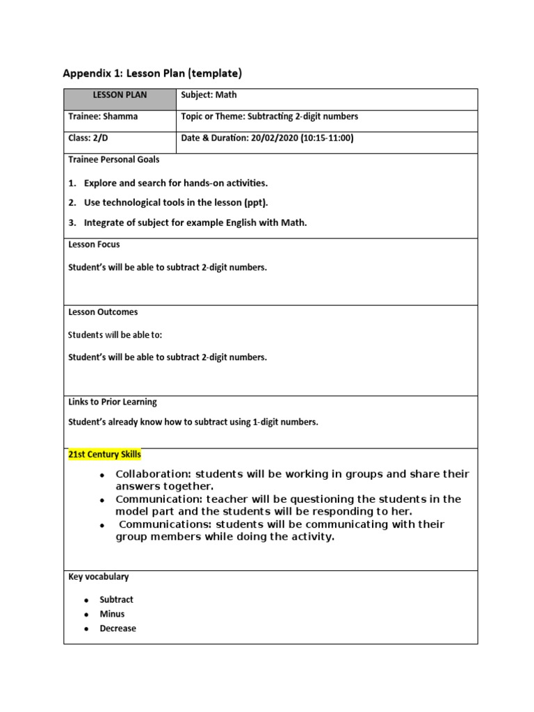 Appendix 1: Lesson Plan (Template) | PDF | Lesson Plan | Pedagogy