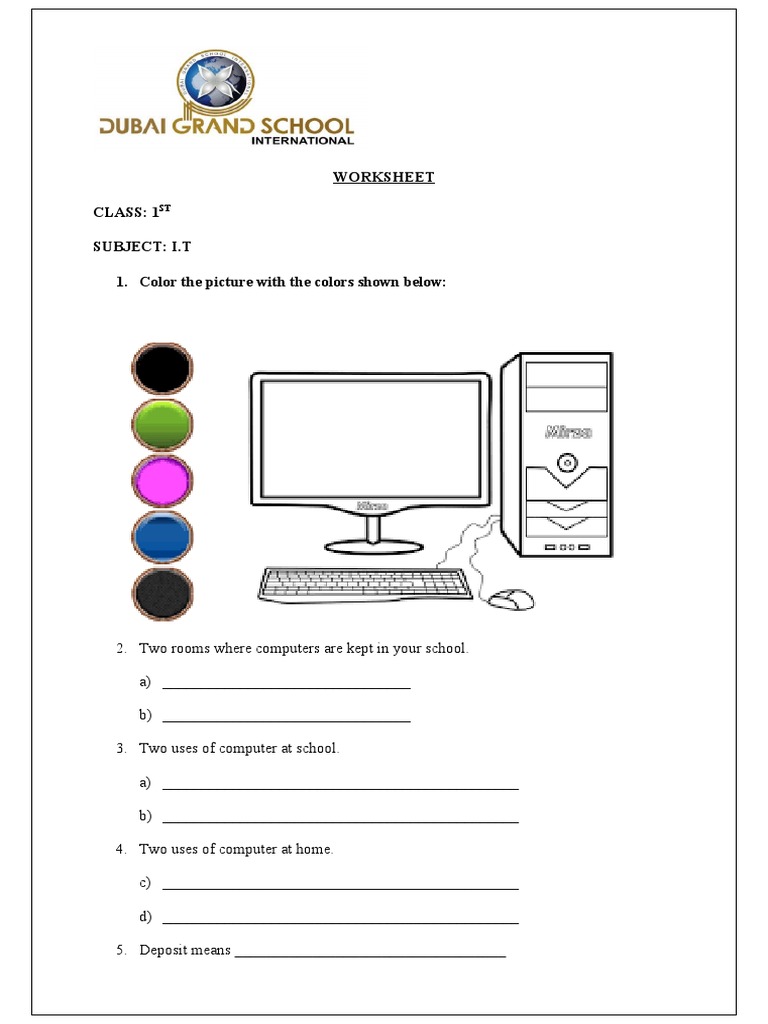 Worksheet Class: 1 Subject: I.T 1. Color The Picture With The Colors ...