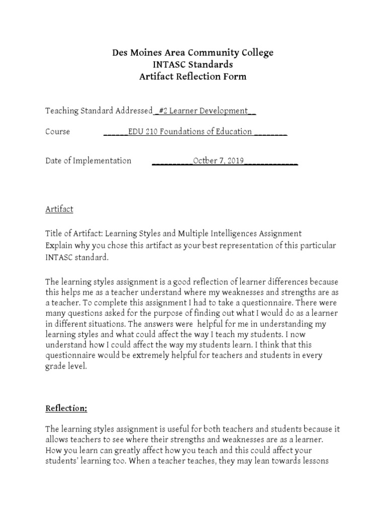 Des Moines Area Community College INTASC Standards Artifact Reflection ...