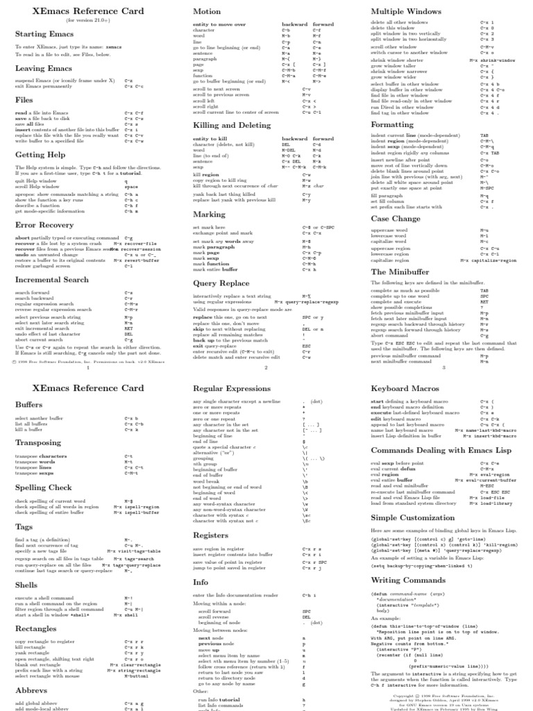XEmacs Reference Card | PDF | Regular Expression | Software Development