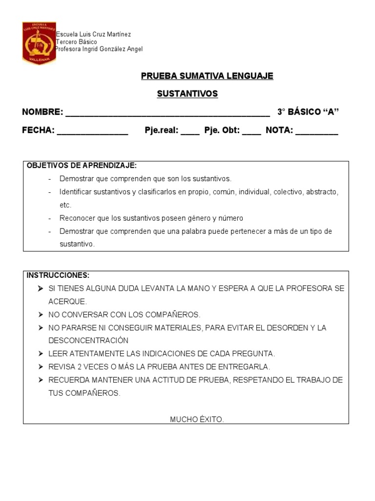 Prueba de Sustantivos para 3° Básico | PDF | Sustantivo | Conceptos ...