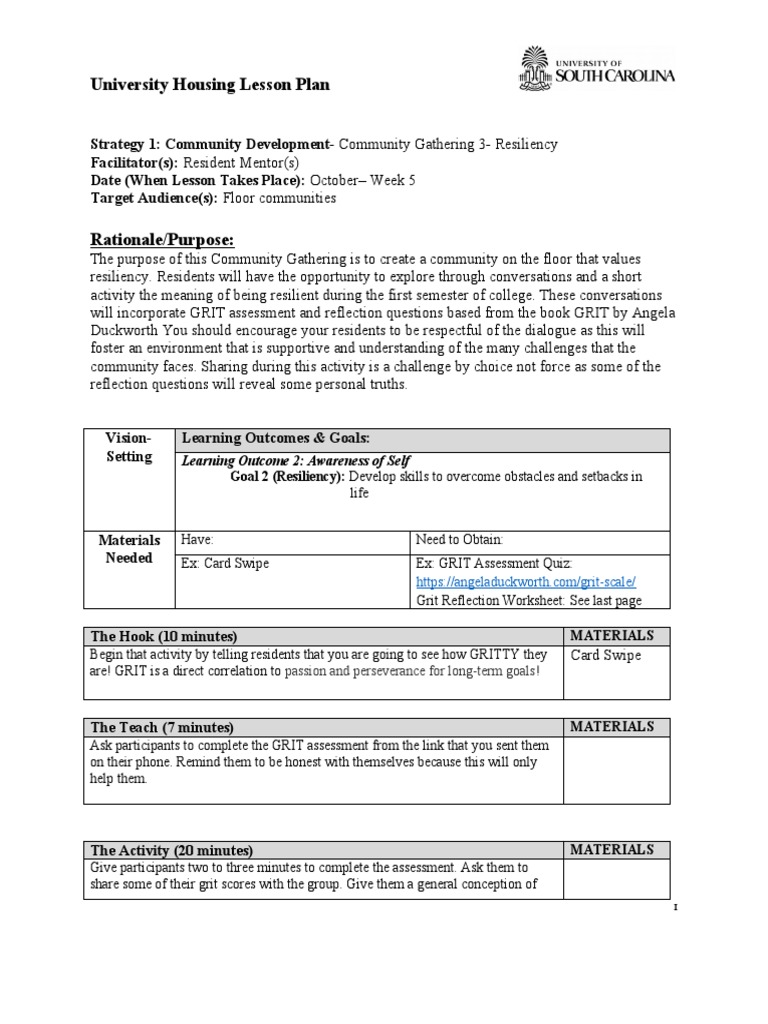 University Housing Lesson Plan: Learning Outcome 2: Awareness of Self ...