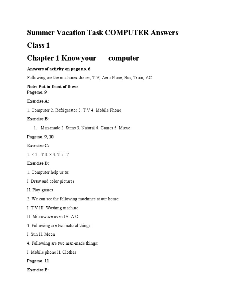 Summer Vacation Task COMPUTER Answers Class 1 Chapter 1 Knowyour Computer | PDF