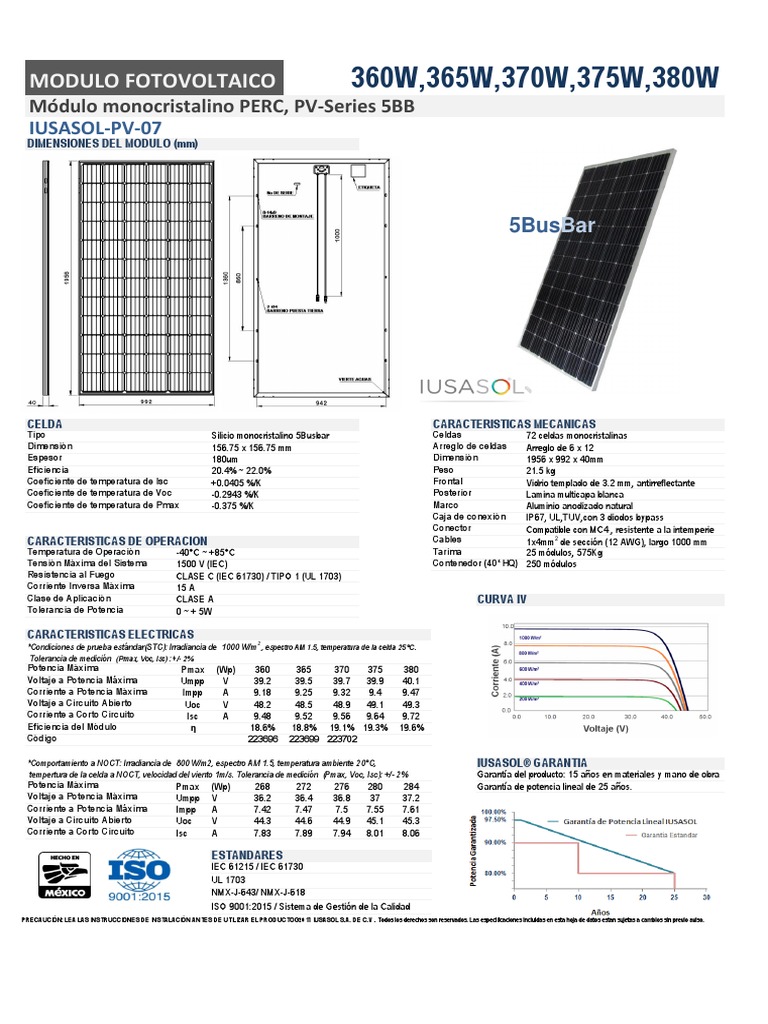 DataSheet PV-07 360-380 PDF | PDF | Electromagnetismo | Cantidades fisicas