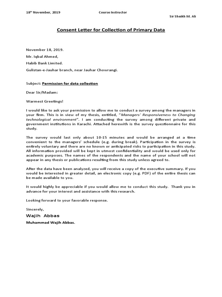 Consent Letter For Collection of Primary Data | PDF