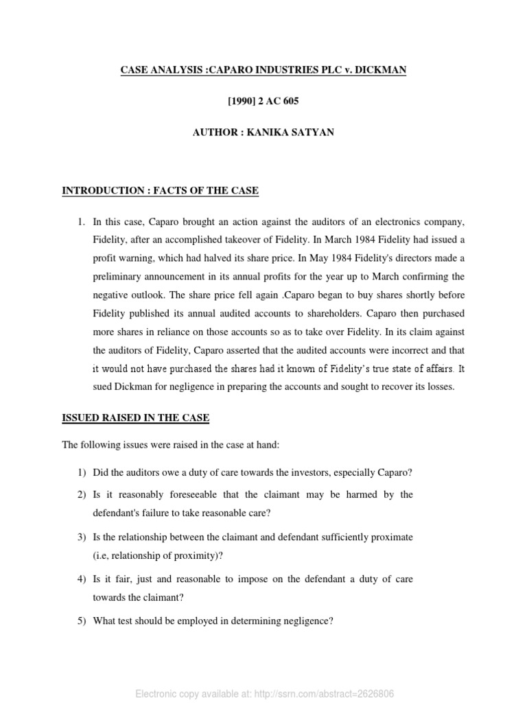 Duty of Care in Negligence: Analysis of the Landmark Caparo Industries ...