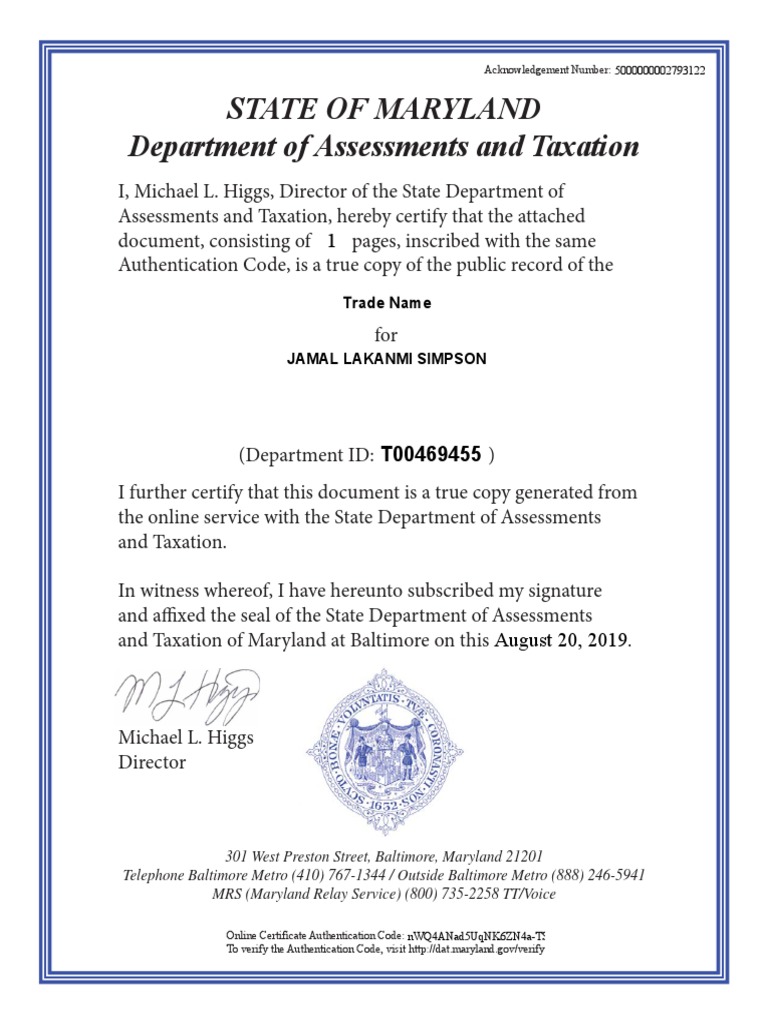 Maryland Trade Name Certification | PDF | Authentication | Access Control
