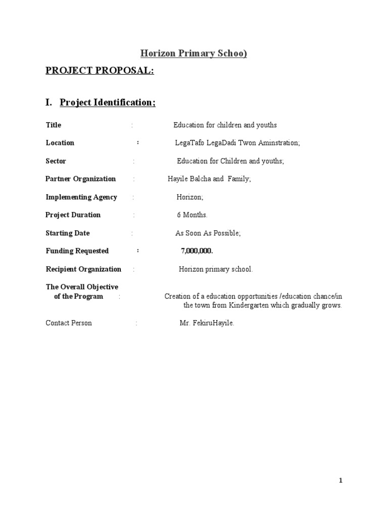 Project Proposal: I. Project Identification : Horizon Primary Schoo ...