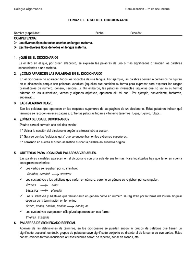 FICHA - El Uso Del Diccionario | PDF | Diccionario | Palabra