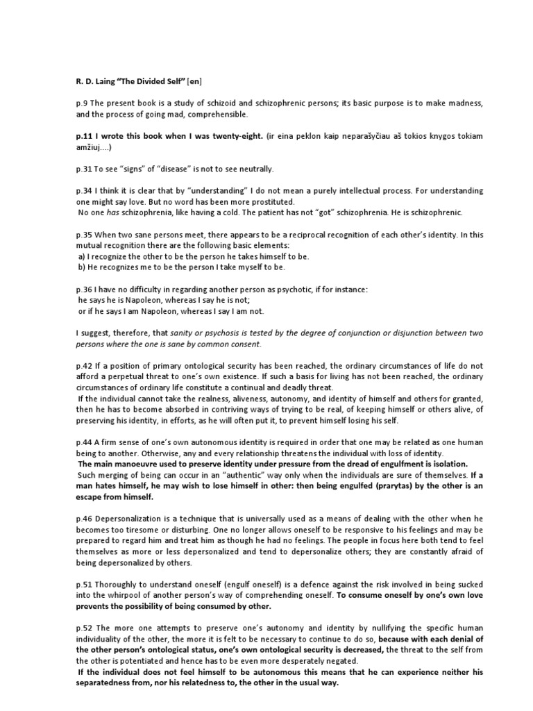 RD Laing - Divided Self | Schizophrenia | Autonomy