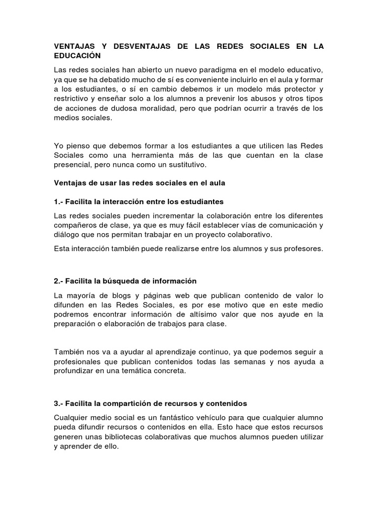 Ventajas y Desventajas de Las Redes Sociales en La Educación PDF | PDF ...