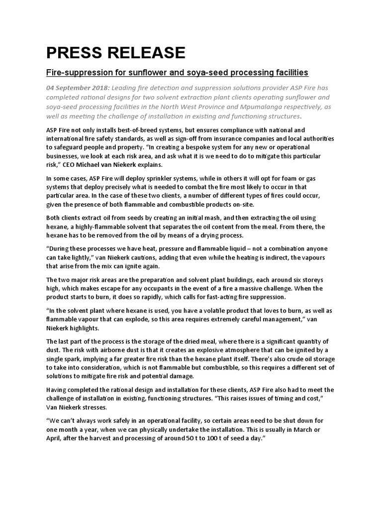 Press Release: Fire-Suppression For Sunflower and Soya-Seed Processing ...
