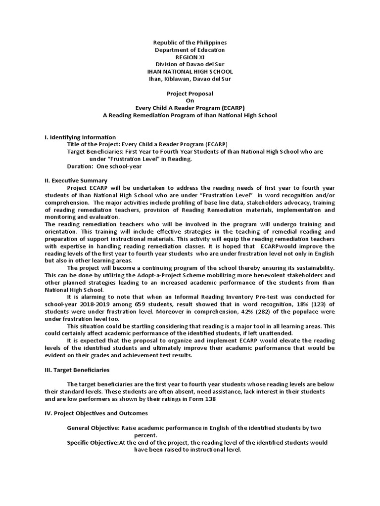 Project Proposal On Reading | PDF | Phonics | Reading Comprehension