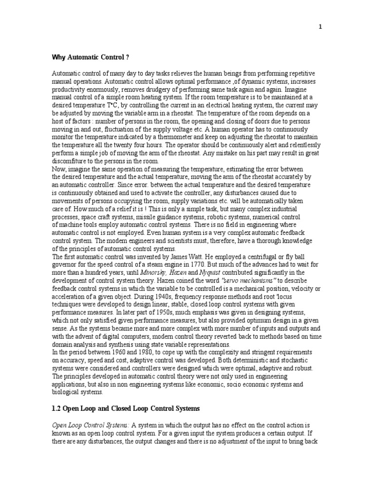 Automatic Control: Open Loop Control Systems: A System in Which The ...