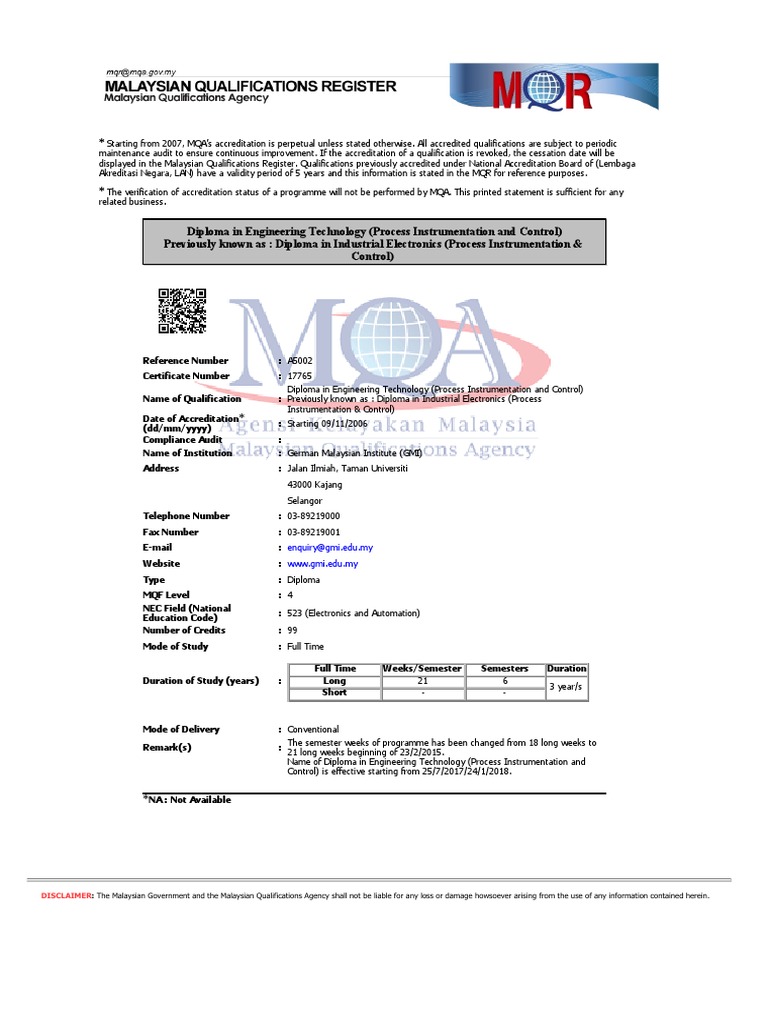 Accreditation Details for the Diploma in Engineering Technology ...