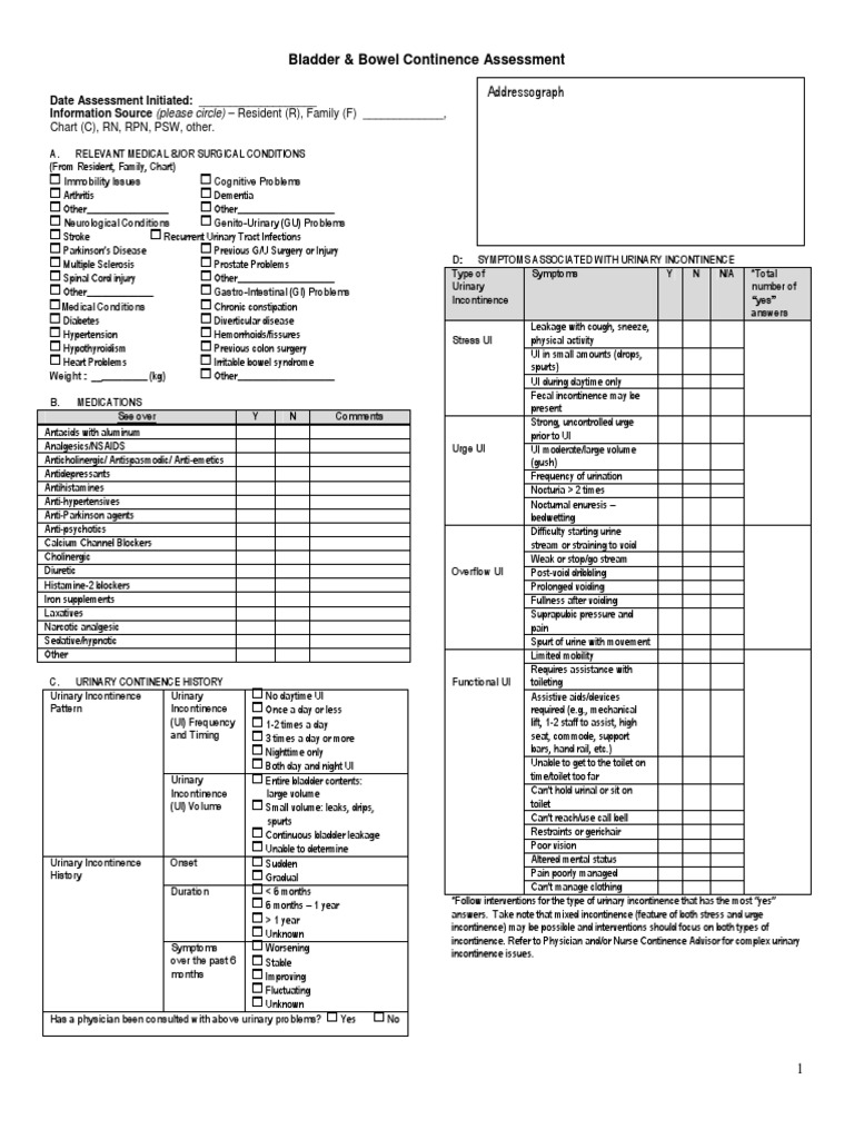 Bladder & Bowel Continence Assessment: Chart (C), RN, RPN, PSW, Other ...